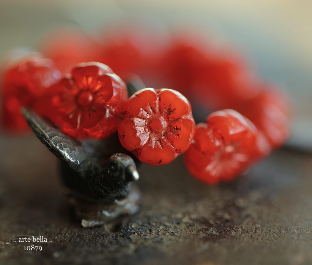 Premium Glass Beads .. COPPERED PERSIMMON PANSY .. 12 Czech Glass ...