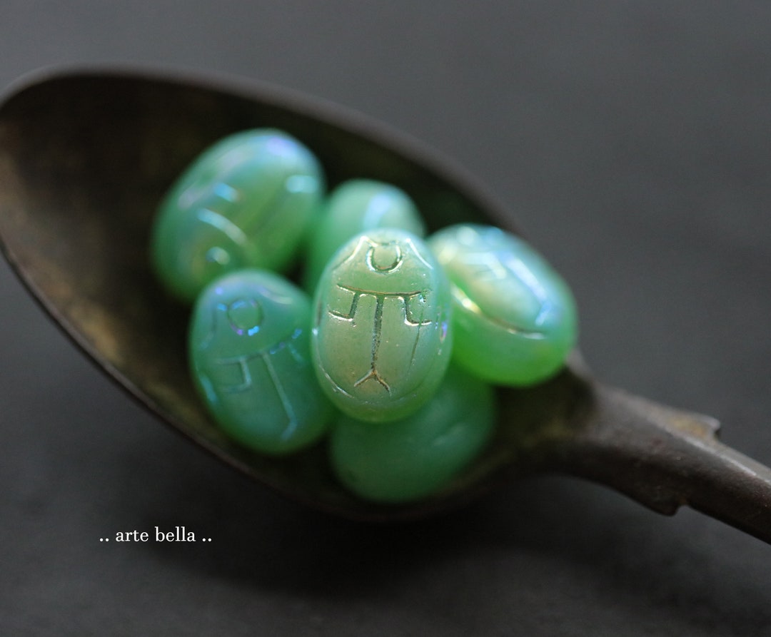 MYSTIC GREEN SCARAB .. Premium Matte Czech Glass Scarab Beetle Beads ...