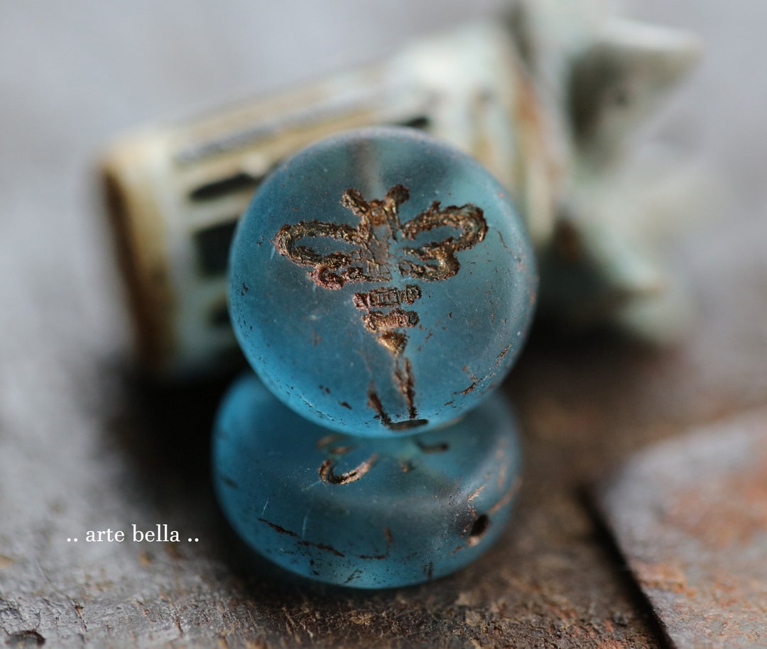 BRONZED AQUA BIZZY B .. 6 Premium Matte Czech Glass Bee Coin Beads 12mm ...