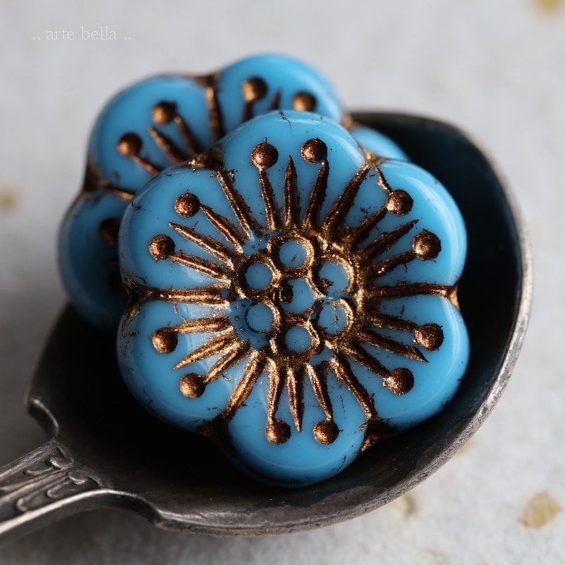 BRONZED CERULEAN ROSES .. 2 Premium Picasso Czech Glass Wild Rose Beads ...