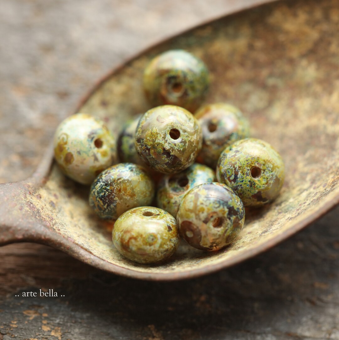 MARSH PEBBLES .. 10 Premium Picasso Czech Glass Smooth Rondelle Beads ...