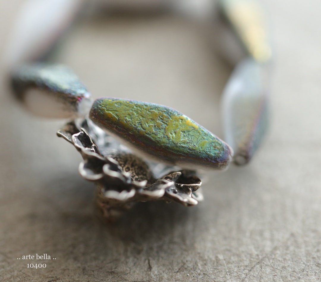 MYSTIC WHITE RHOMBUS .. New 6 Premium Etched Czech Glass Rhombus Beads ...