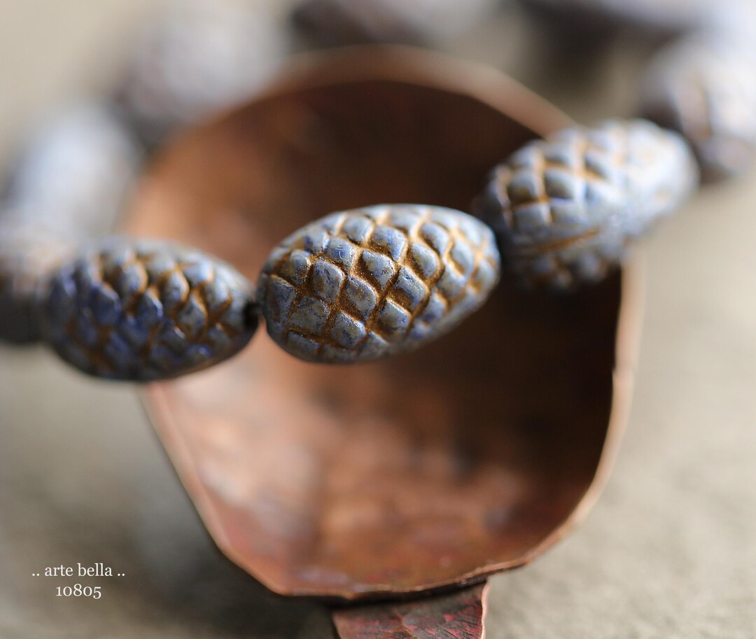 Last Ones .. Bronzed BLUE PINE CONES .. 10 Premium Matte Czech Glass ...