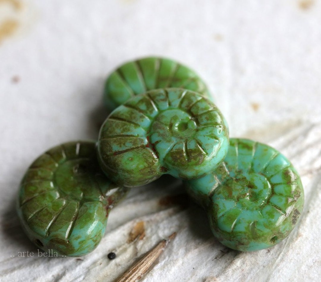 MOSSY TURQUOISE FOSSIL .. 4 Premium Picasso Czech Nautilus Ammonite ...
