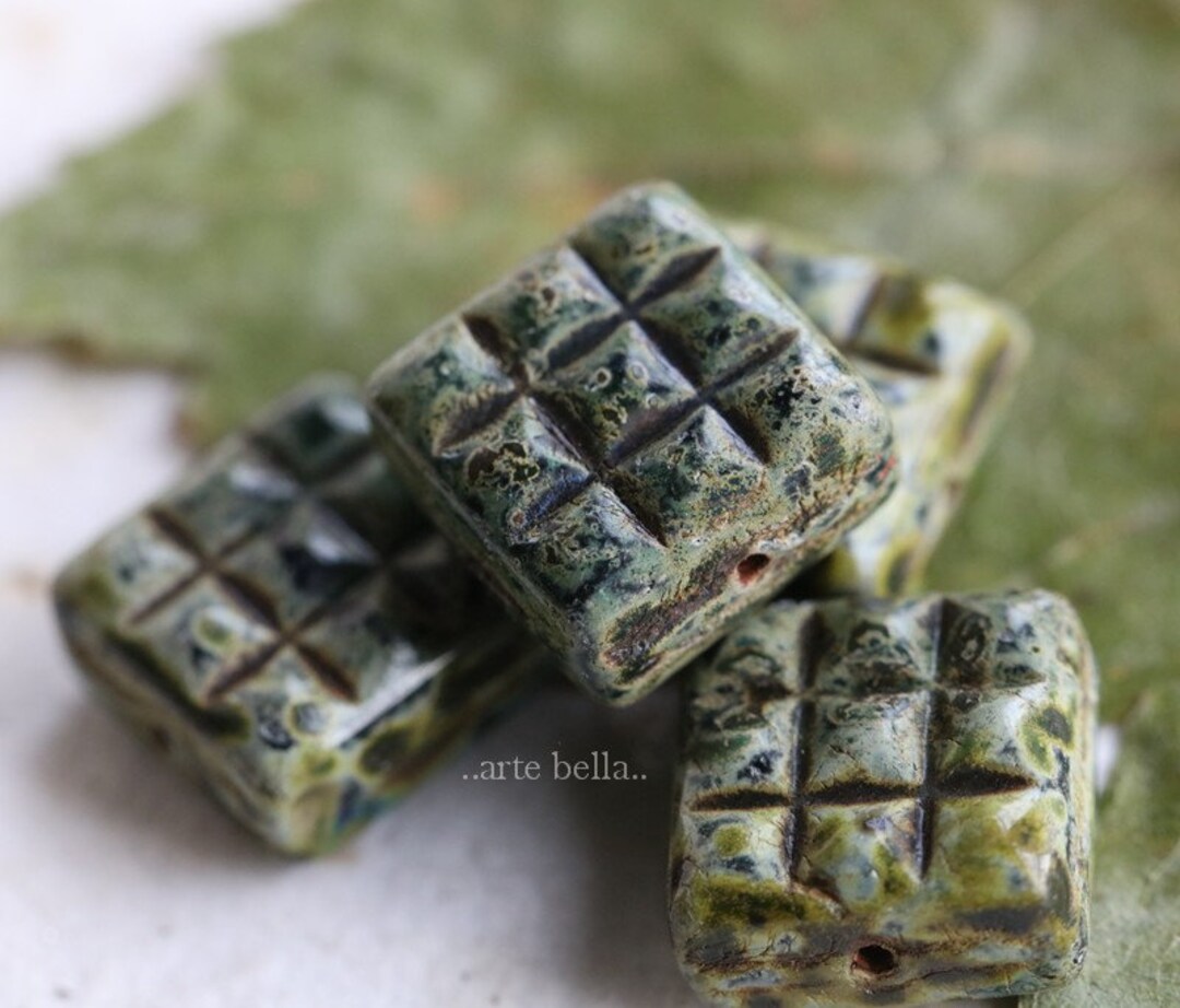 Last Ones .. EARTHY MOSS SQUARES .. 5 Premium Picasso Czech Glass ...
