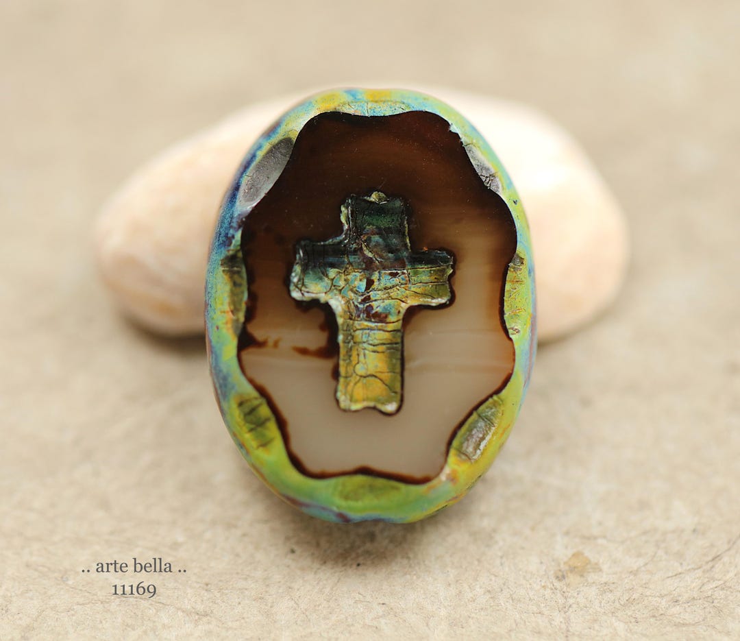 ESPRESSO LATTE CROSSES .. 2 Premium Picasso Czech Glass Oval Cross Bead ...