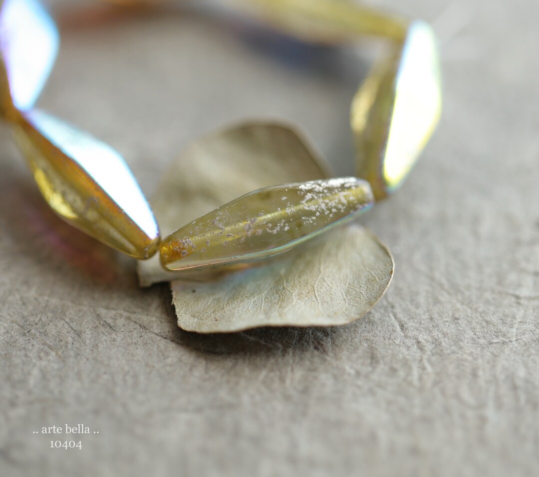 Premium Glass Beads .. SILVERED KHAKI RHOMBUS .. 6 Czech Glass Rhombus ...