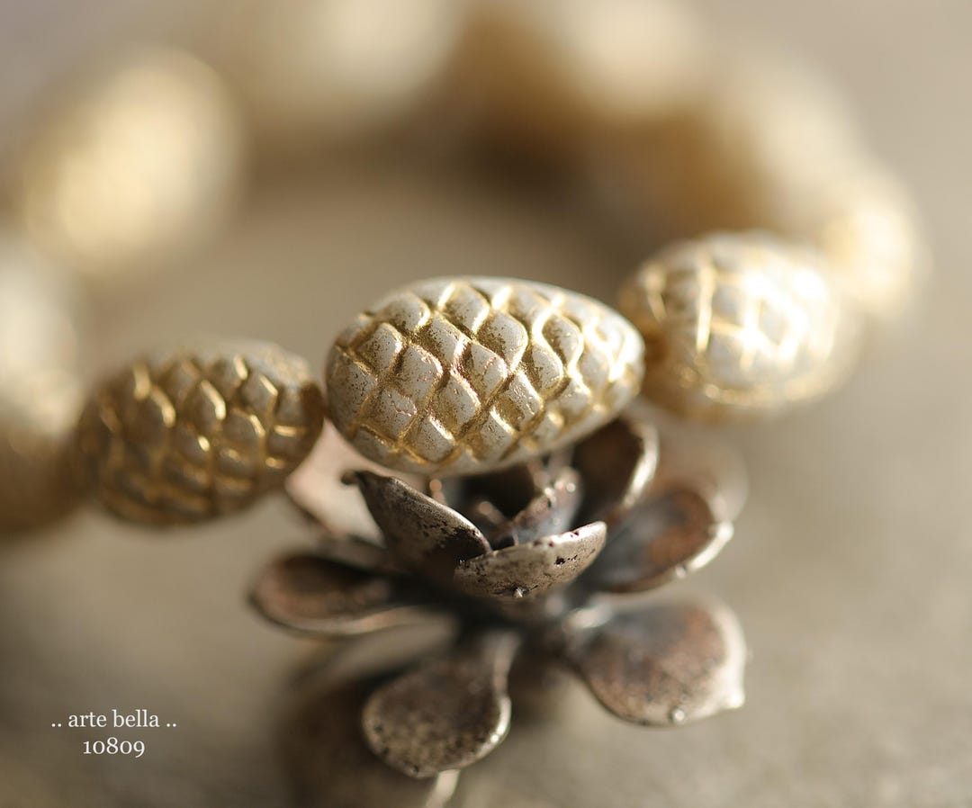 Golden IVORY PINE CONES .. 10 Matte Czech Glass Pine Cone Beads 13x8mm ...