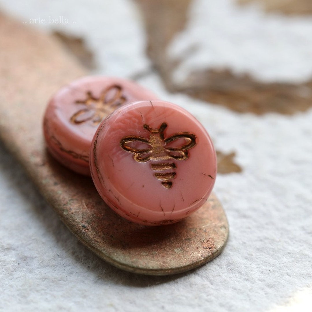 BRONZED PINK BIZZY B .. 6 Premium Czech Glass Bee Coin Beads 12mm 8475 ...