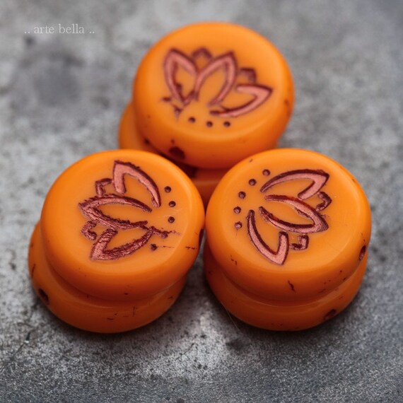 COPPER YOLK LOTUS Blooms .. 6 Premium Czech Glass Lotus Coin | Etsy