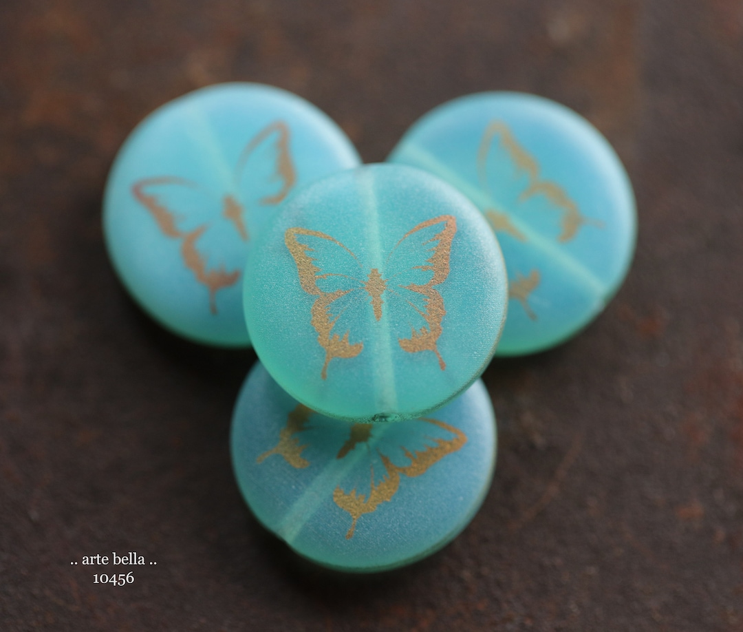 LAGOON BUTTERFLY COINS .. New 4 Premium Matte Czech Glass Laser Etched ...