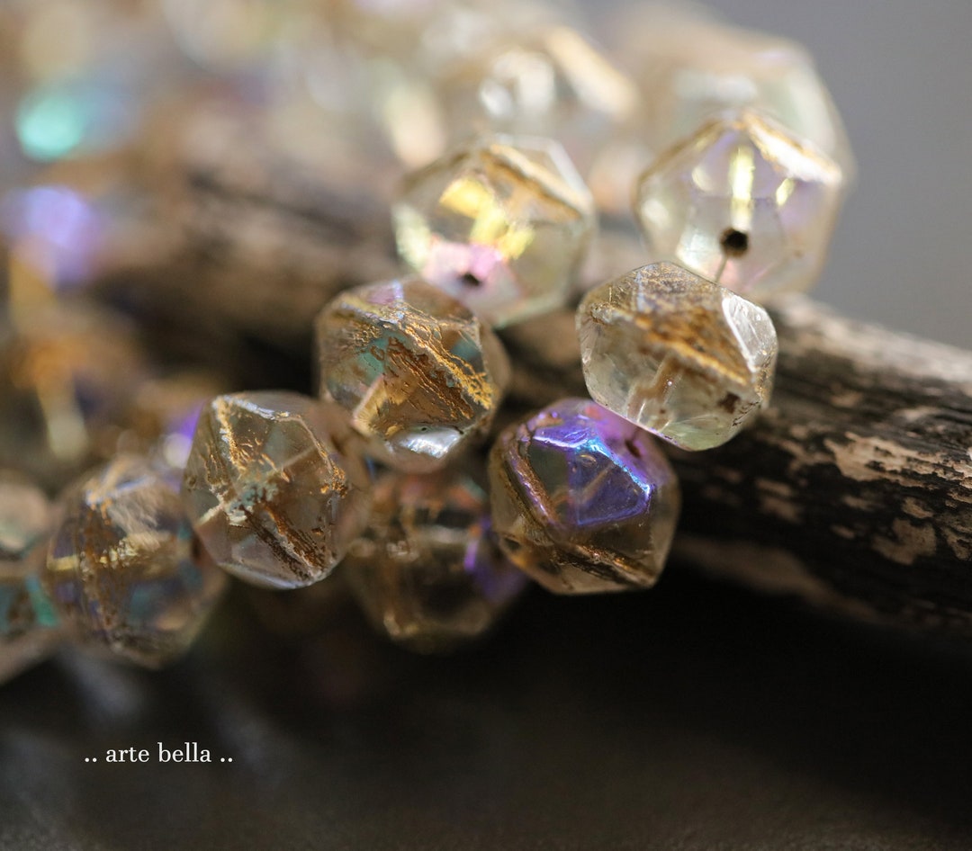 MYSTIC GOLD NUGGETS 10mm .. 15 Premium Czech Glass English Cut Beads ...