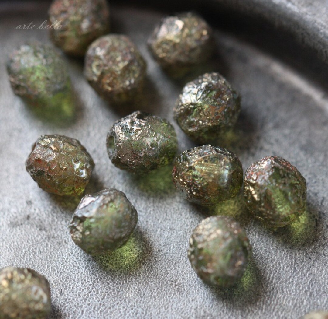 Premium Glass Beads .. BRONZED OLIVE PEBBLES .. 25 Etched Picasso Czech ...