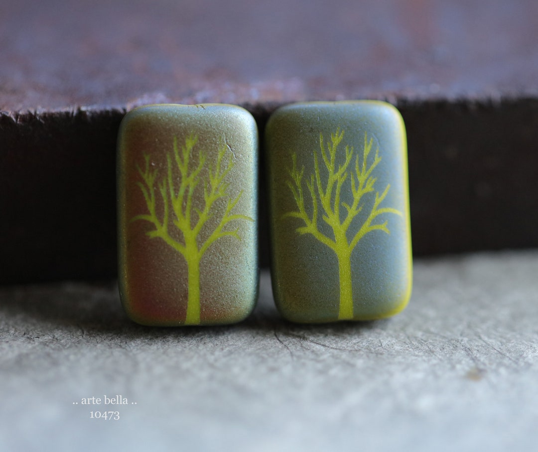 CHARTREUSE TREE REX .. 4 Premium Matte Czech Glass Laser Etched Tree ...