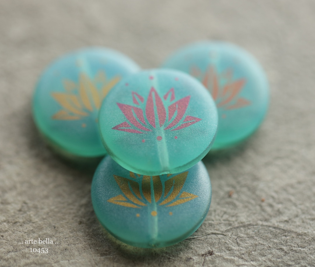 LAGOON LOTUS COINS No. 2 .. 4 Matte Czech Glass Laser Etched Lotus Coin ...