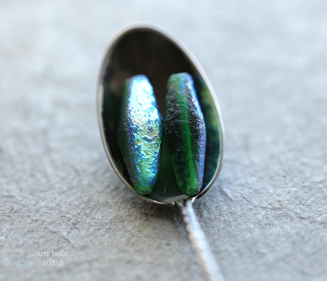 MYSTIC EMERALD RHOMBUS .. New 6 Premium Etched Czech Glass Rhombus ...