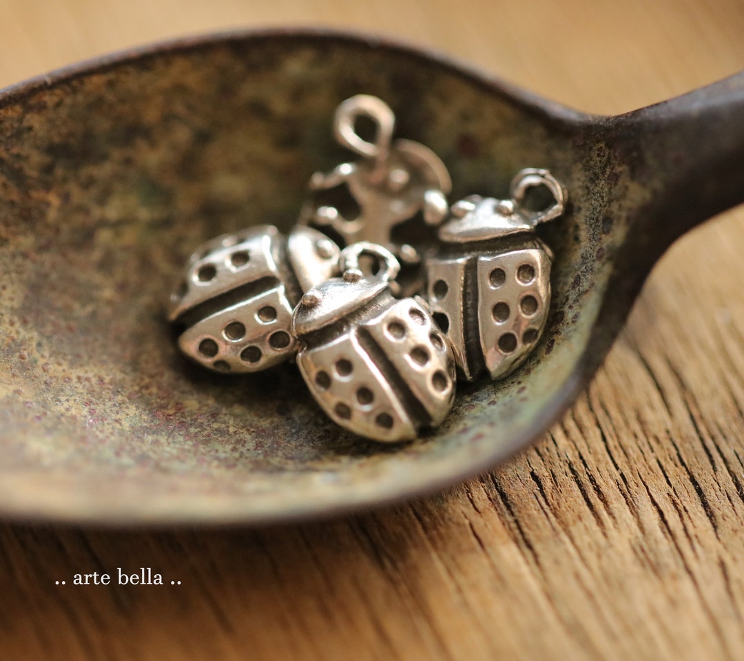 Last One .. PEWTER LADYBUGS .. 6 Mykonos Greek Ladybug Charms 10mm M285 ...
