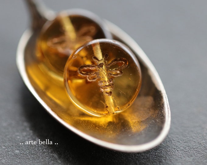 Last Ones .. BRONZED HONEY BIZZY B .. 11 Premium Czech Glass Bee Coin ...