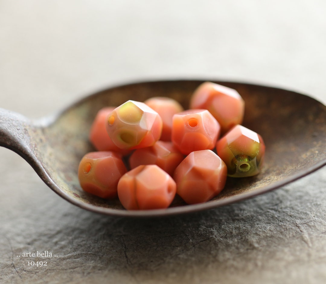 PEACHY PINK NUGGETS 8mm .. 10 Premium Czech Glass Faceted Nugget Beads ...