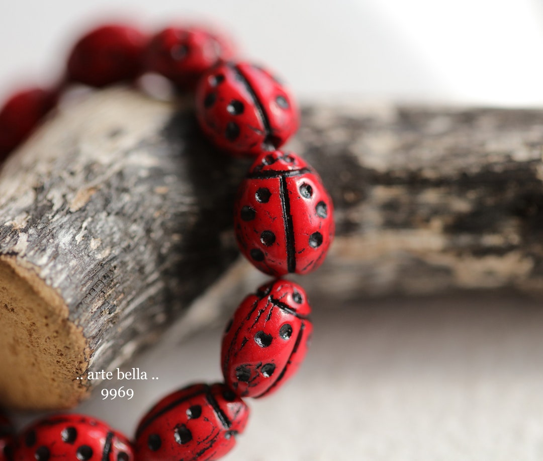 Premium Glass Beads .. RED LADYBUGS .. 12 Czech Glass Ladybug Beads ...