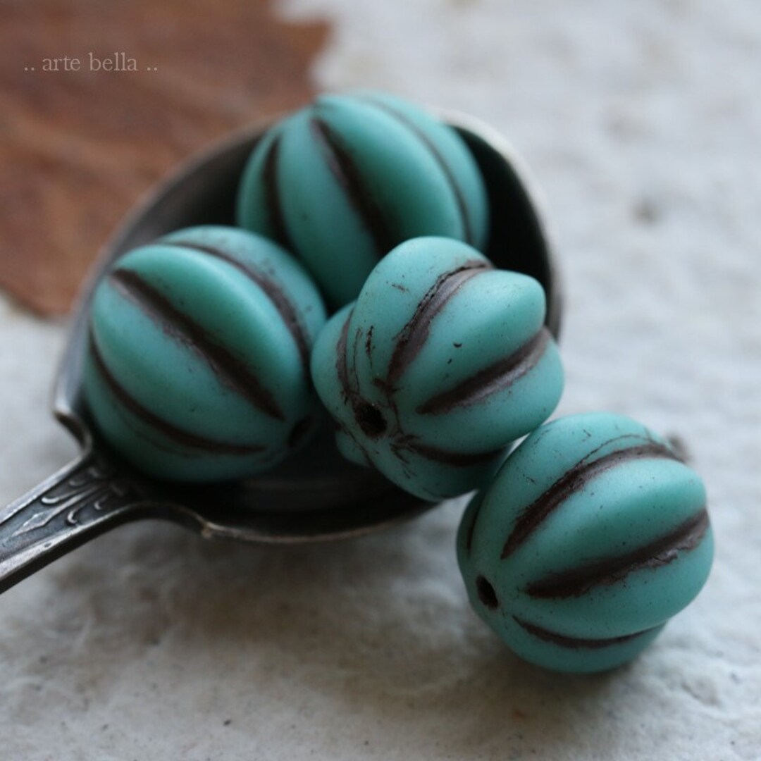Premium Glass Beads .. MATTE TURQUOISE MELONS 12mm .. 4 Picasso Czech ...