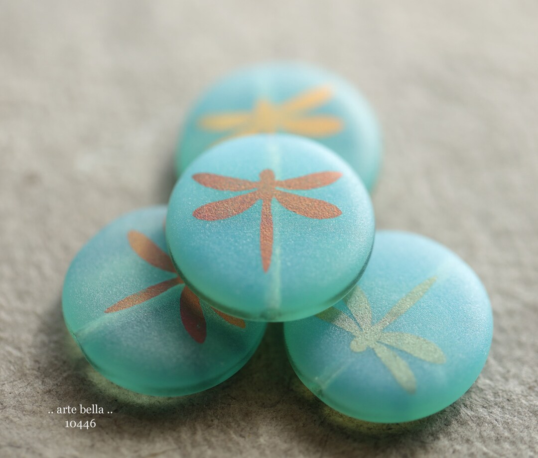 LAGOON DRAGONFLY COINS .. 4 Premium Matte Czech Glass Laser Etched ...