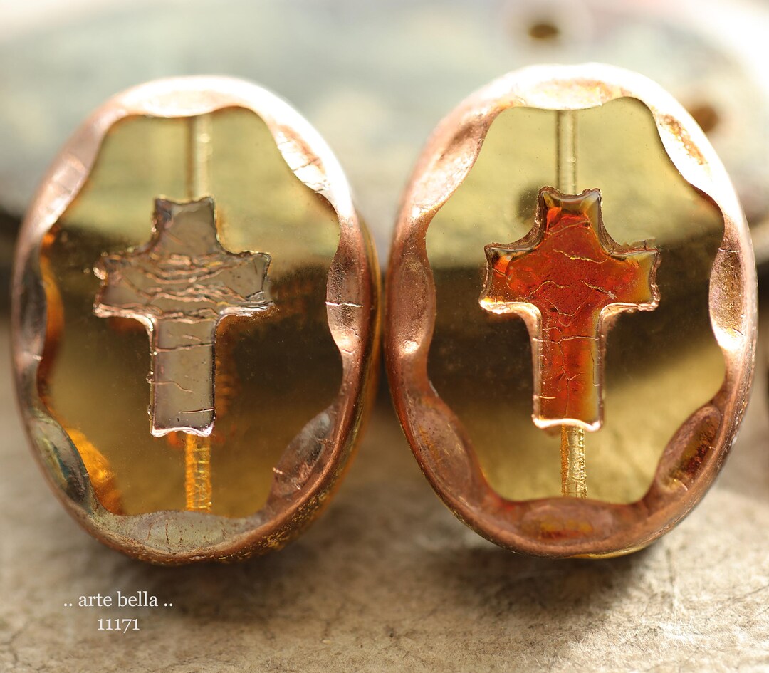 YELLOW SUNSET CROSSES .. 2 Premium Czech Glass Oval Cross Bead Mix ...