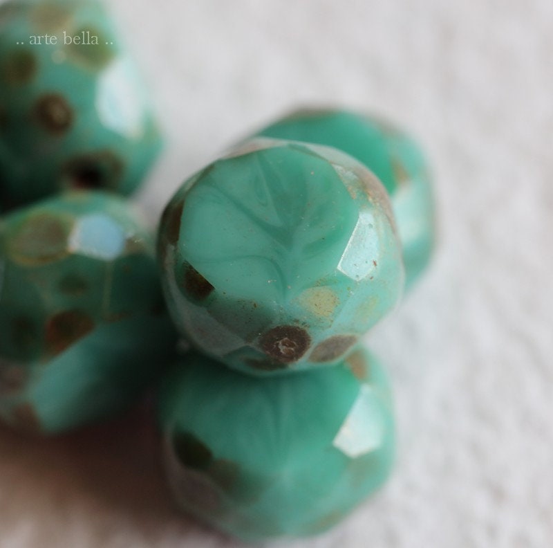 TURQUOISE GREEN SLABS .. 6 Premium Picasso Czech Table Cut Glass Beads ...