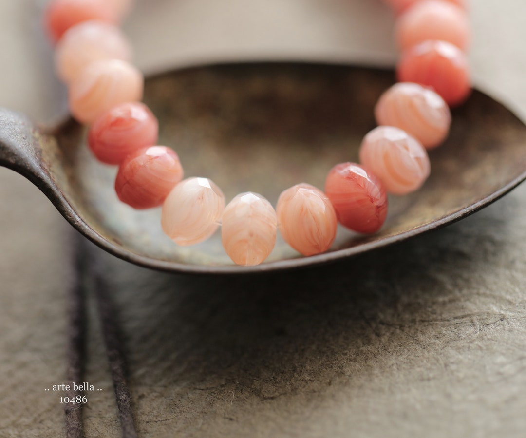 Premium Glass Beads .. STRIPED SALMON PEBBLES .. 25 Czech Glass Faceted ...