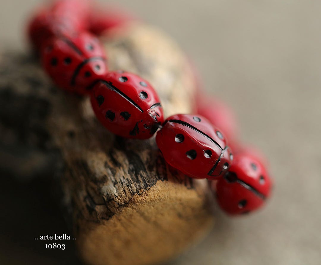 RED OPALINE LADYBUGS .. 10 Czech Glass Ladybug Beads 10x7mm (10803-st ...