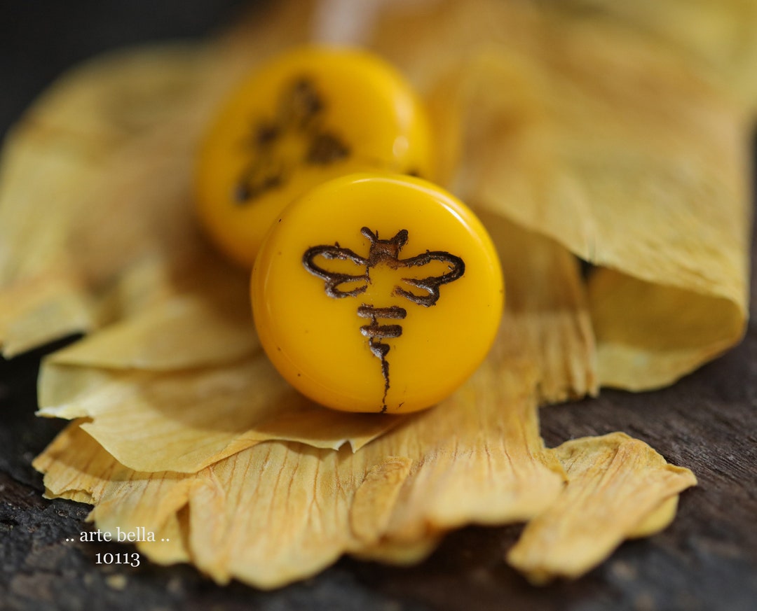 BRONZED LEMON BIZZY B .. 6 Czech Glass Bee Coin Beads 12mm (10113-6 ...