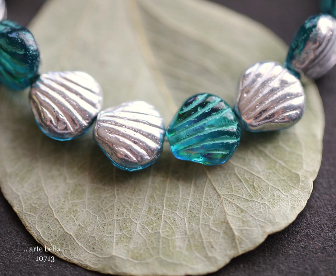 SILVERED GREEN Bebe SHELLS .. New 15 Premium Czech Glass Shell Beads ...