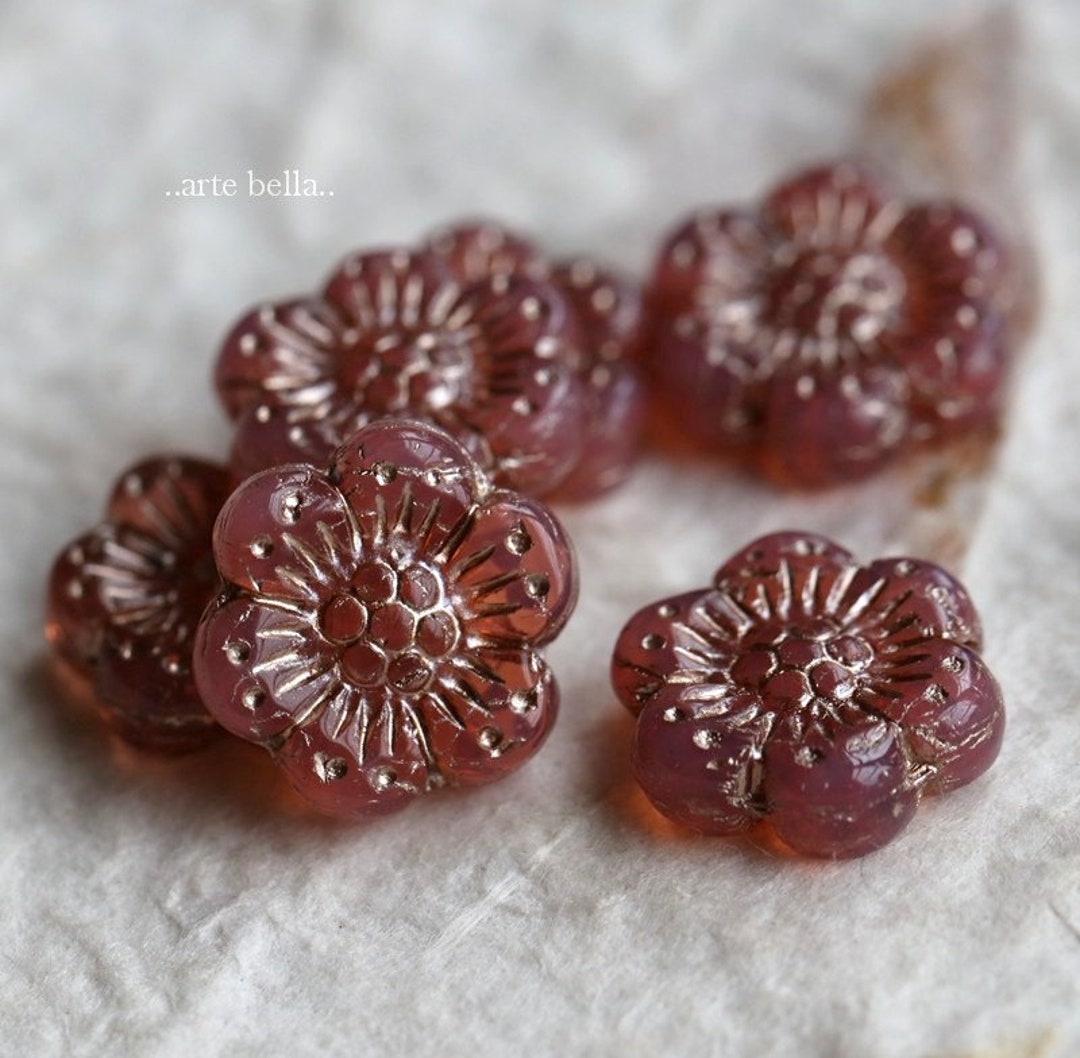 PLATINUM PINK OPAL Roses .. 6 Premium Platinum Czech Glass Wild Rose ...