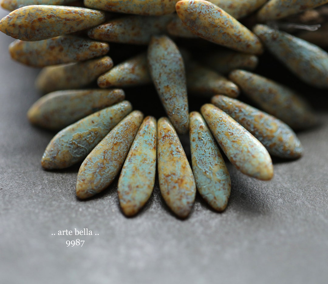 BLUE SAND DAGGERS .. 50 Premium Rustic Etched Picasso Czech Glass ...