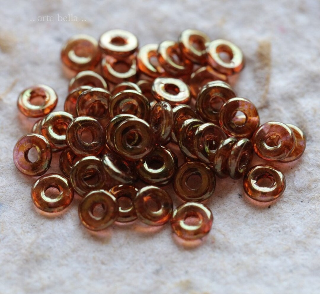GOLDEN ROSE O RINGS .. 200 Premium Picasso Czech Glass O Ring Beads ...