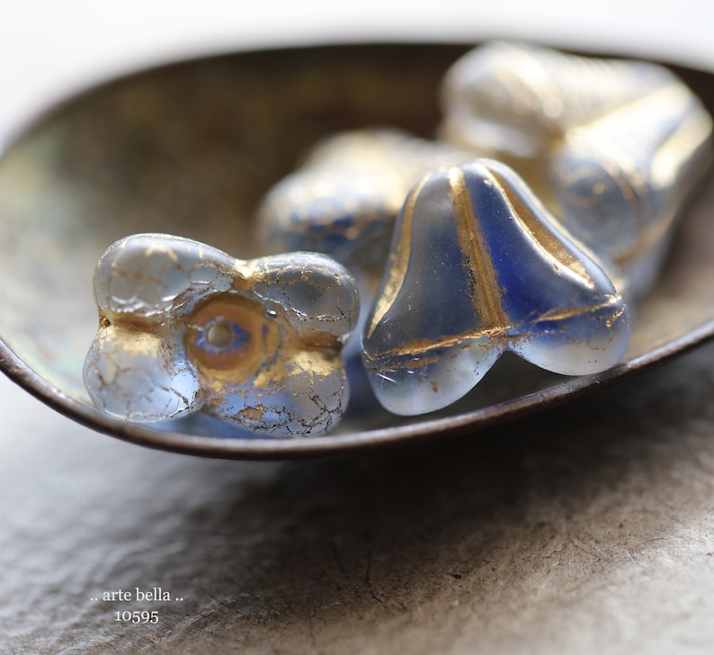 GOLDEN BLUE BELLS .. 4 Matte Czech Glass Bell Flower Beads 11x9x13mm ...
