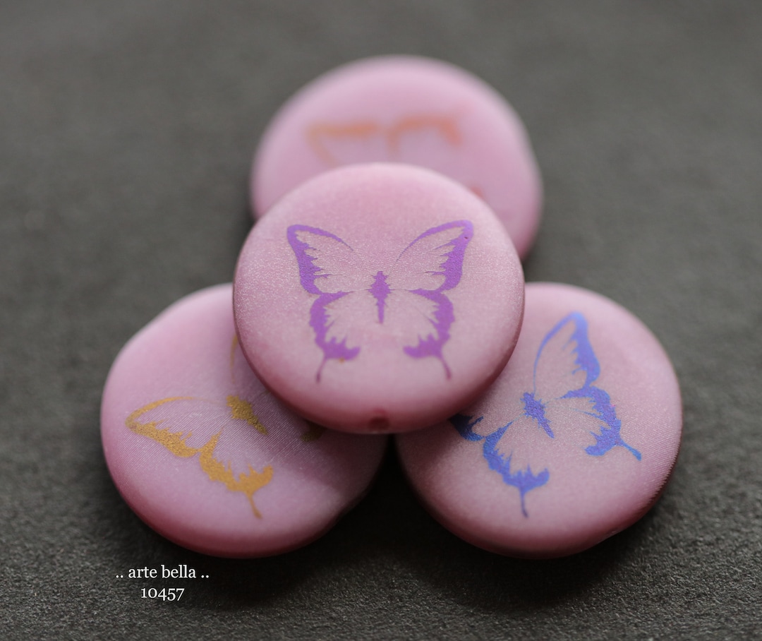 PINK BUTTERFLY COINS .. 4 Premium Matte Czech Glass Laser Etched ...