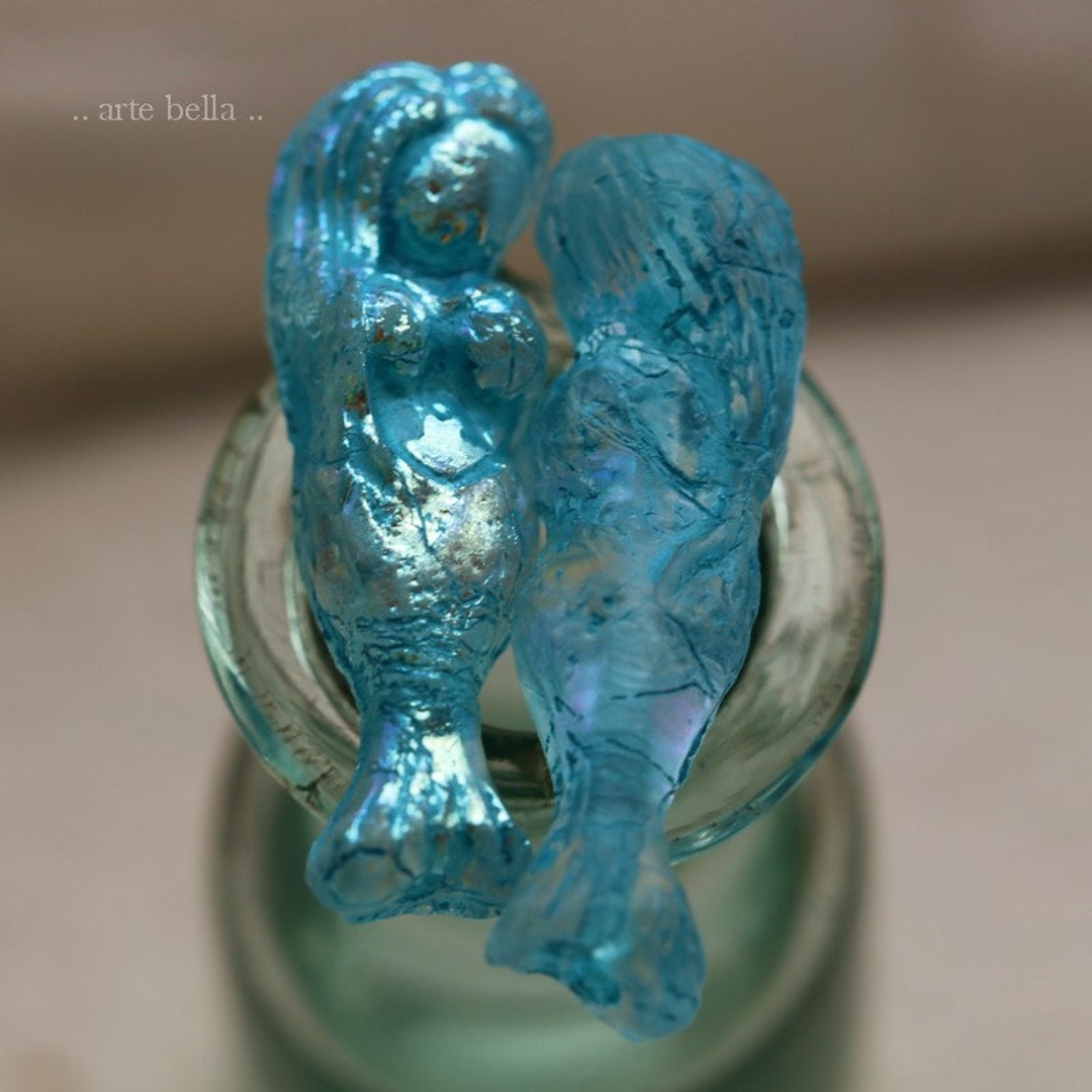 Premium Glass Beads .. MYSTIC MALIBU MERMAID .. 2 Etched Czech Glass ...