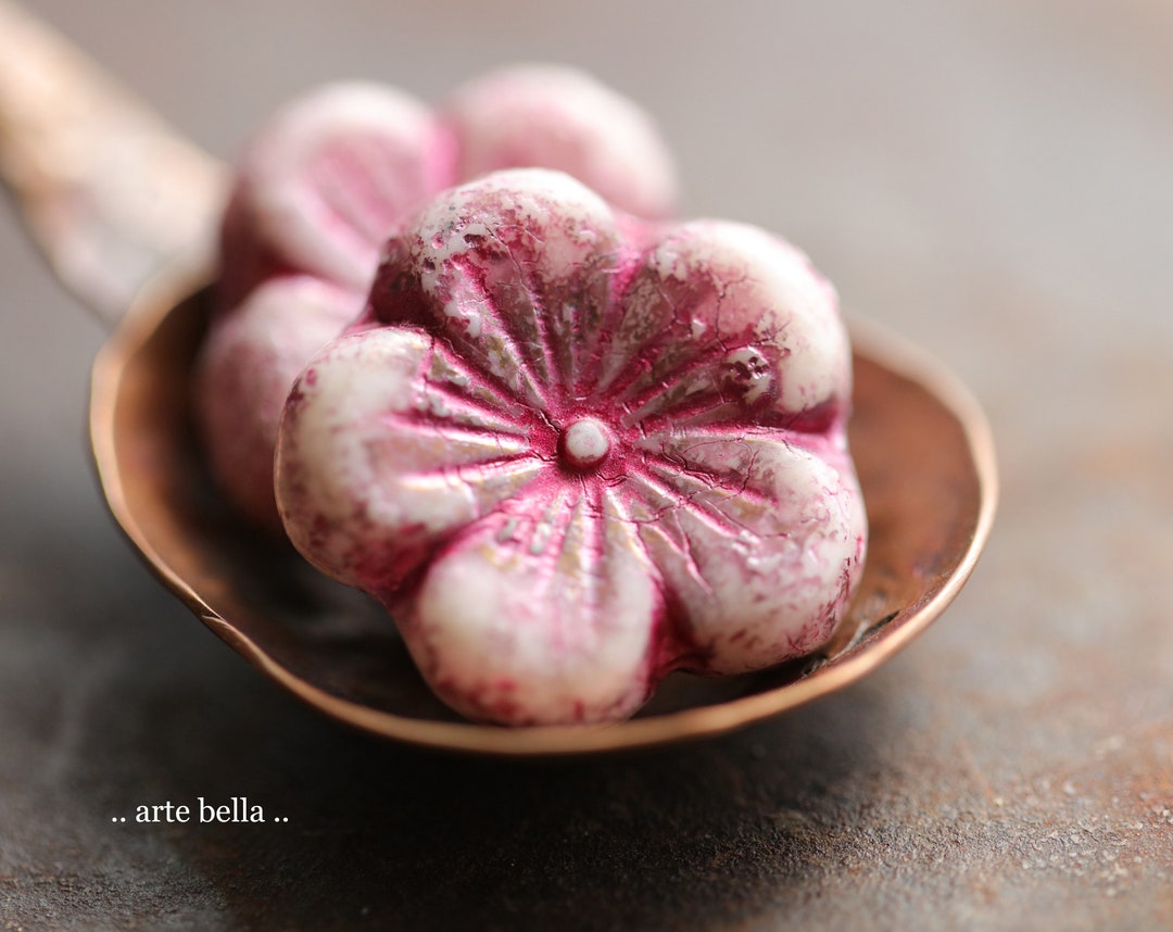 RUSTIC RASPBERRY BLOOMS .. 2 Premium Etched Czech Glass Hibiscus Flower ...