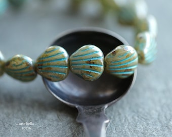 Premium Glass Beads .. GOLDEN AQUA Bebe SHELLS .. 15 Czech Glass Shell ...