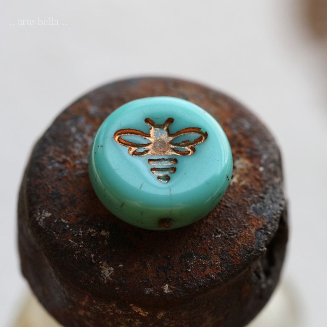 BRONZED TURQUOISE BIZZY B .. 6 Czech Glass Bee Coin Beads 12mm (8465-6 ...