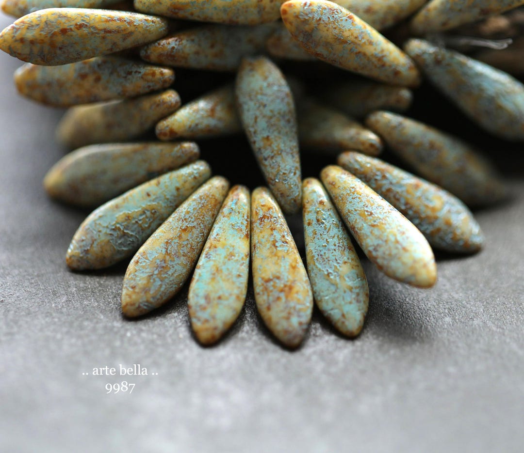 BLUE SAND DAGGERS .. 50 Premium Rustic Etched Picasso Czech Glass ...