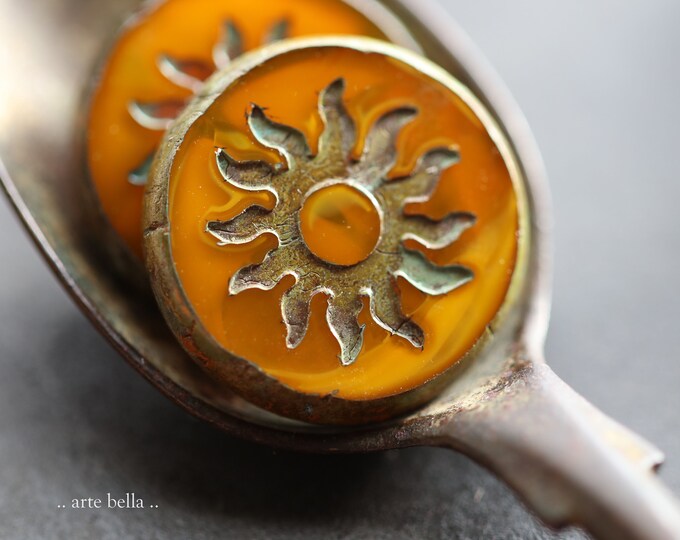 EARTHY ORANGE RAYS .. 1 Premium Picasso Czech Glass Sun Coin Bead 22mm ...