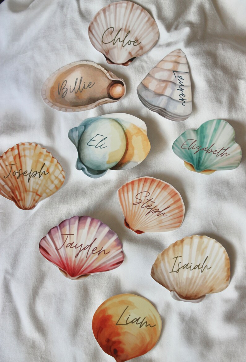 Custom Seashell Name Cards | Wedding Name Cards | Beach Theme Name ...