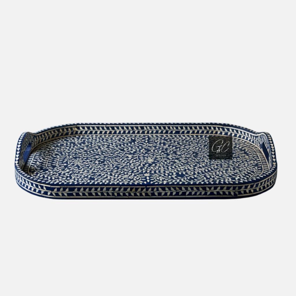 Bone Inlay Navy Blue Tray With Handle Wooden Serving Tray for Home Bone ...