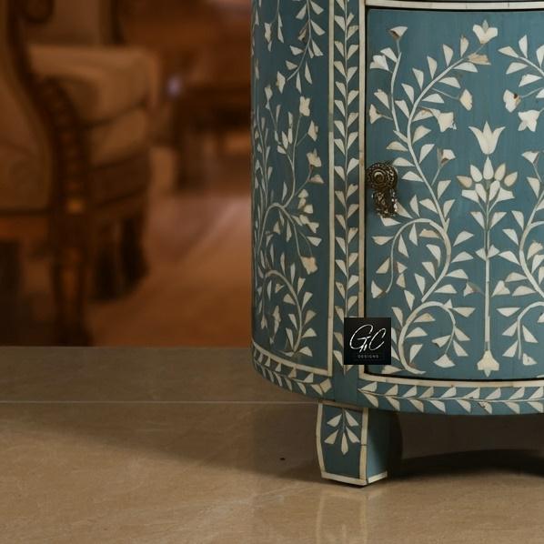 Floral Bone Inlay End Table: Light Blue Round Accent Table - Etsy