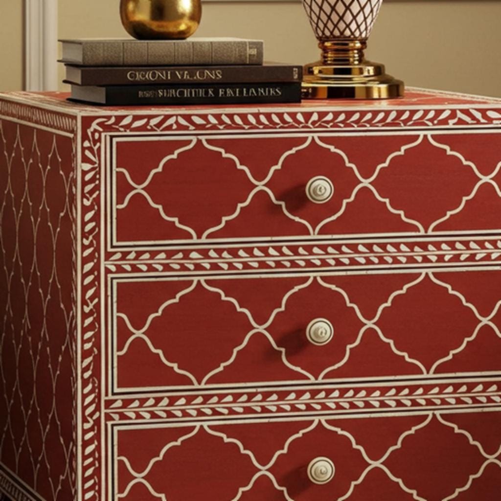 Handcrafted Bone Inlay Nightstand: Red Quatrefoil Bedside Table - Etsy