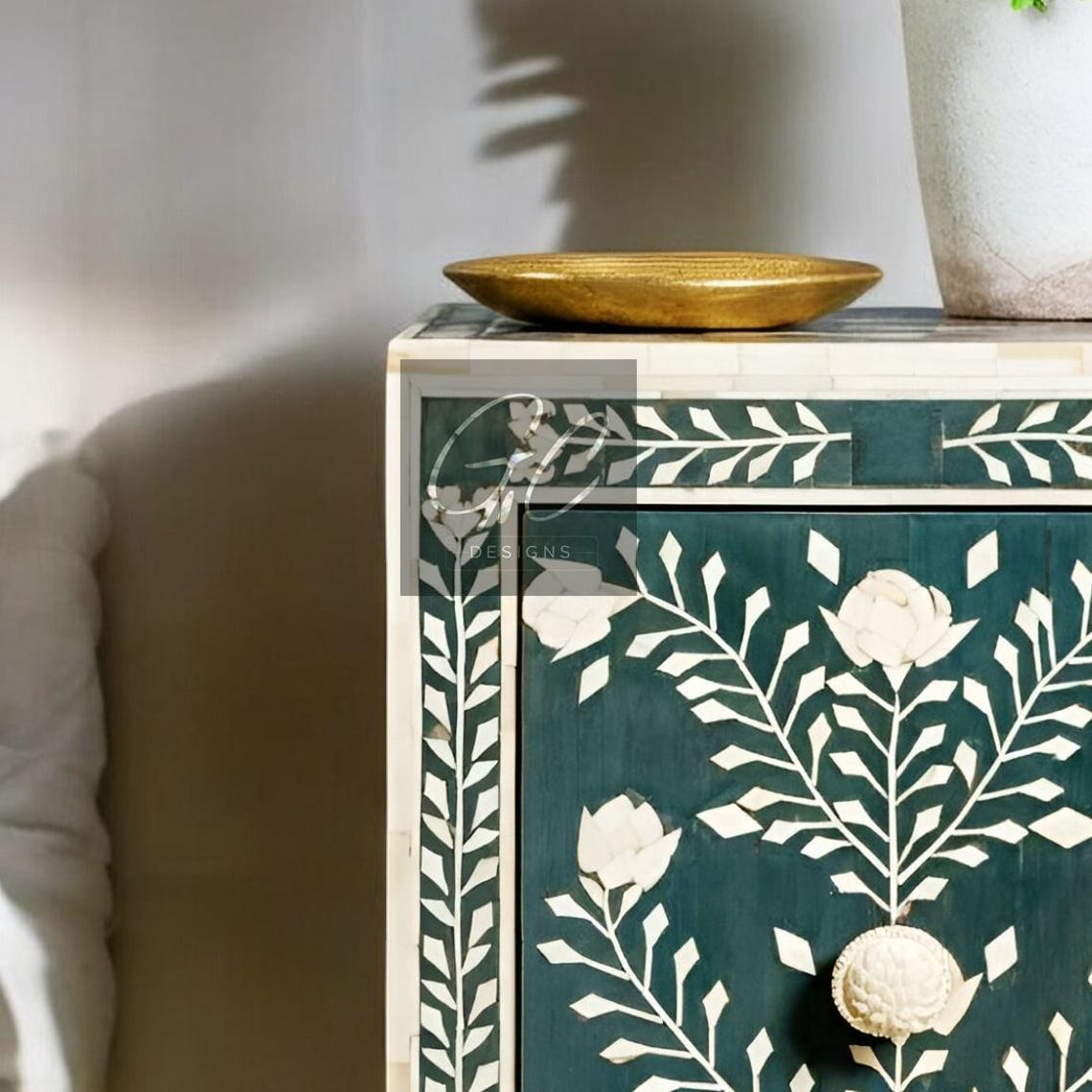 Bone Inlay Nightstand | One Drawer Storage Cabinet | Zed Green and ...
