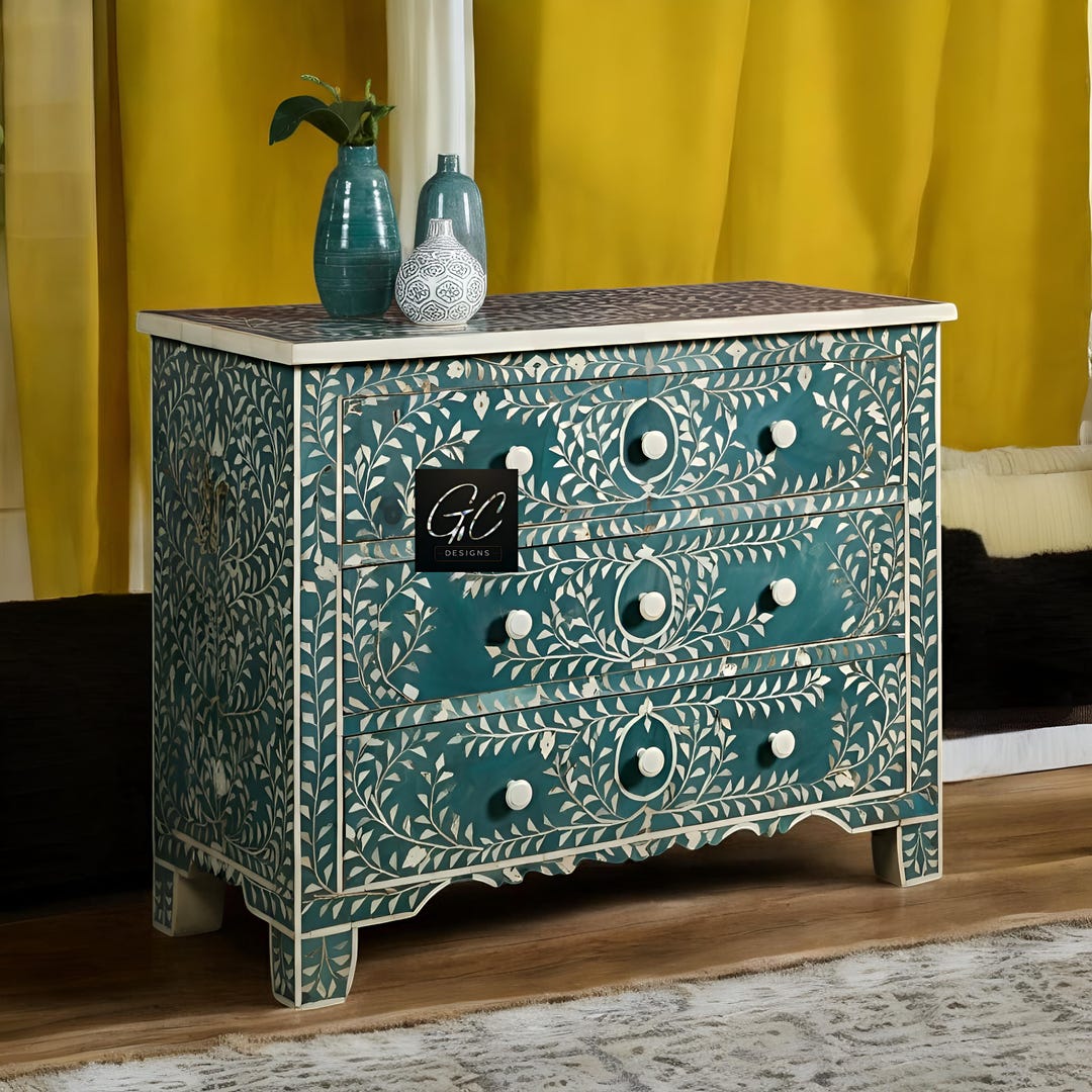 Three Drawer Bone Inlay Chest | Floral Pattern Dresser | Green Bone ...