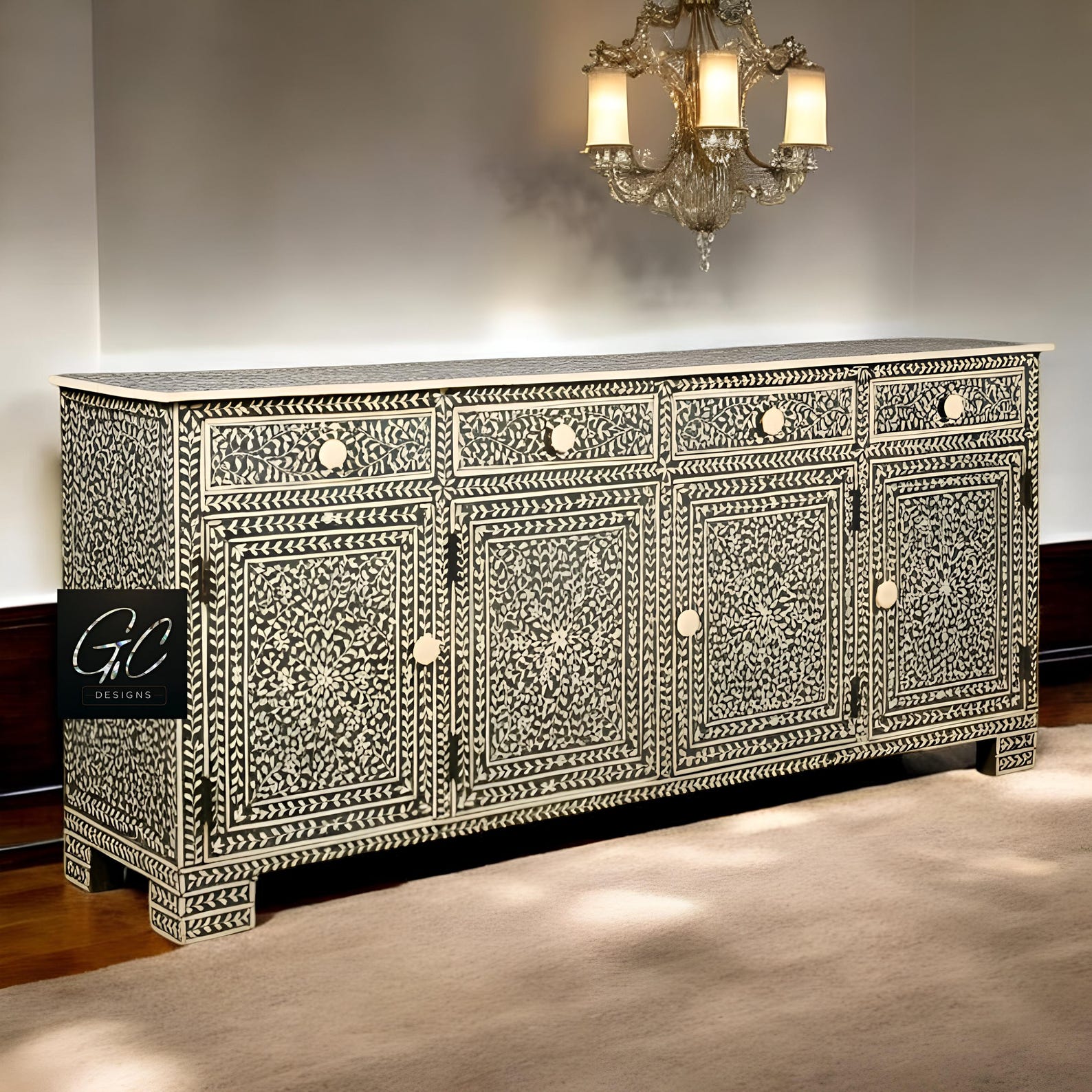 Bone Inlay 4 Drawer 4 Door Cabinet | Cabinets for Home | Black Floral ...